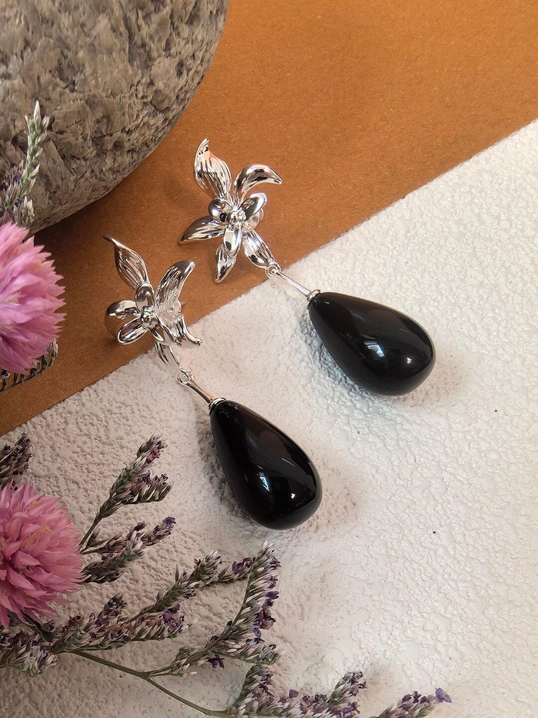 Silver Flower Black Resin Teardrop Drop Earrings, Floral Earrings ...