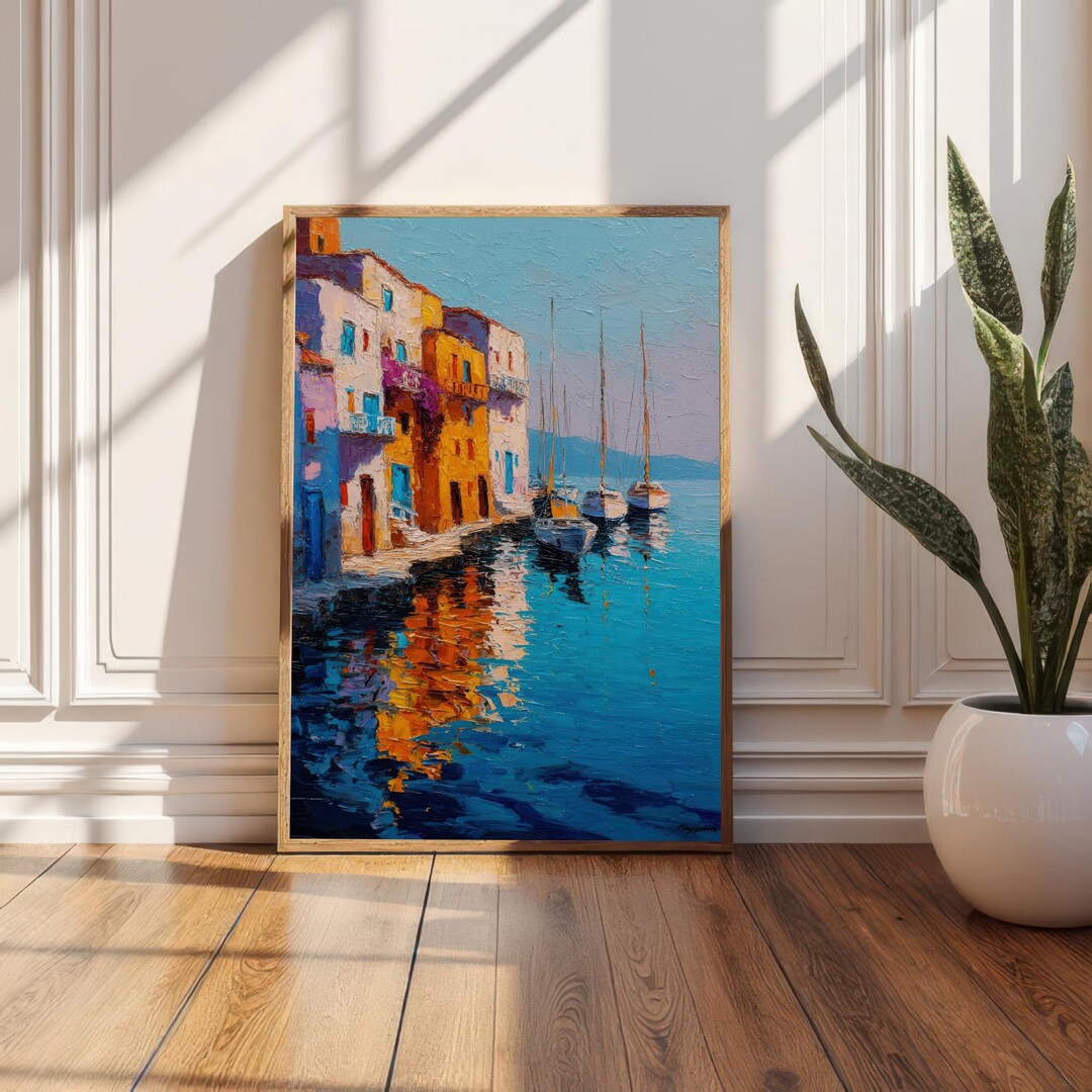 Mediterranean Harbor Print: Coastal Town & Sailboats Seascape (digital ...