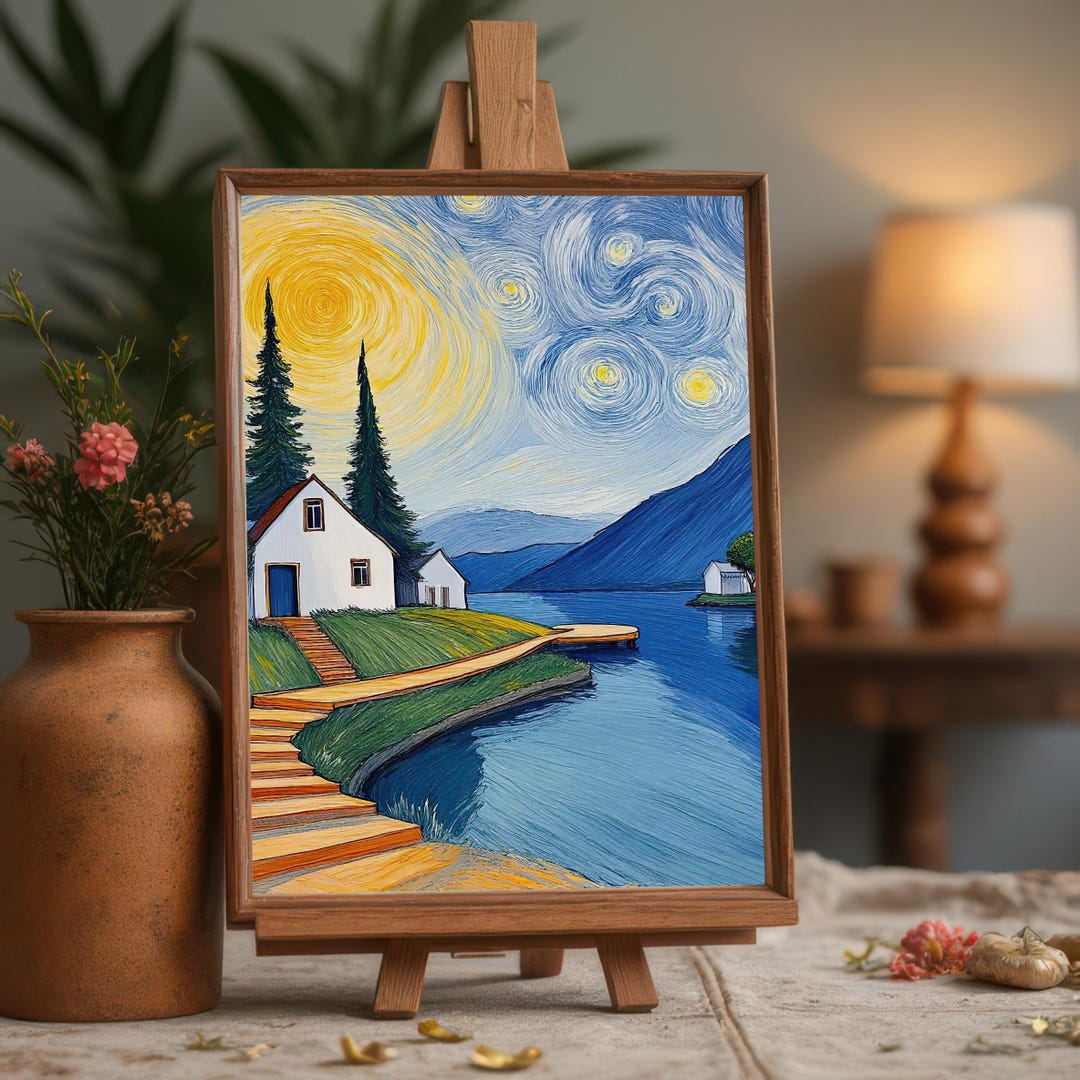 Starry Night Lakeside Cottage Print: Van Gogh Style Landscape (digital ...