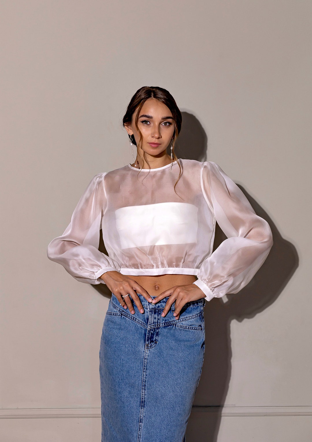 Silk Blouse With Top Bando, Off-white Organza 100% Silk Blouse With ...