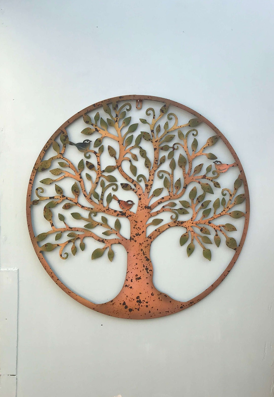 Large Rustic Garden Wall Plaque. Rusty Tree With Green Leaves and Birds ...