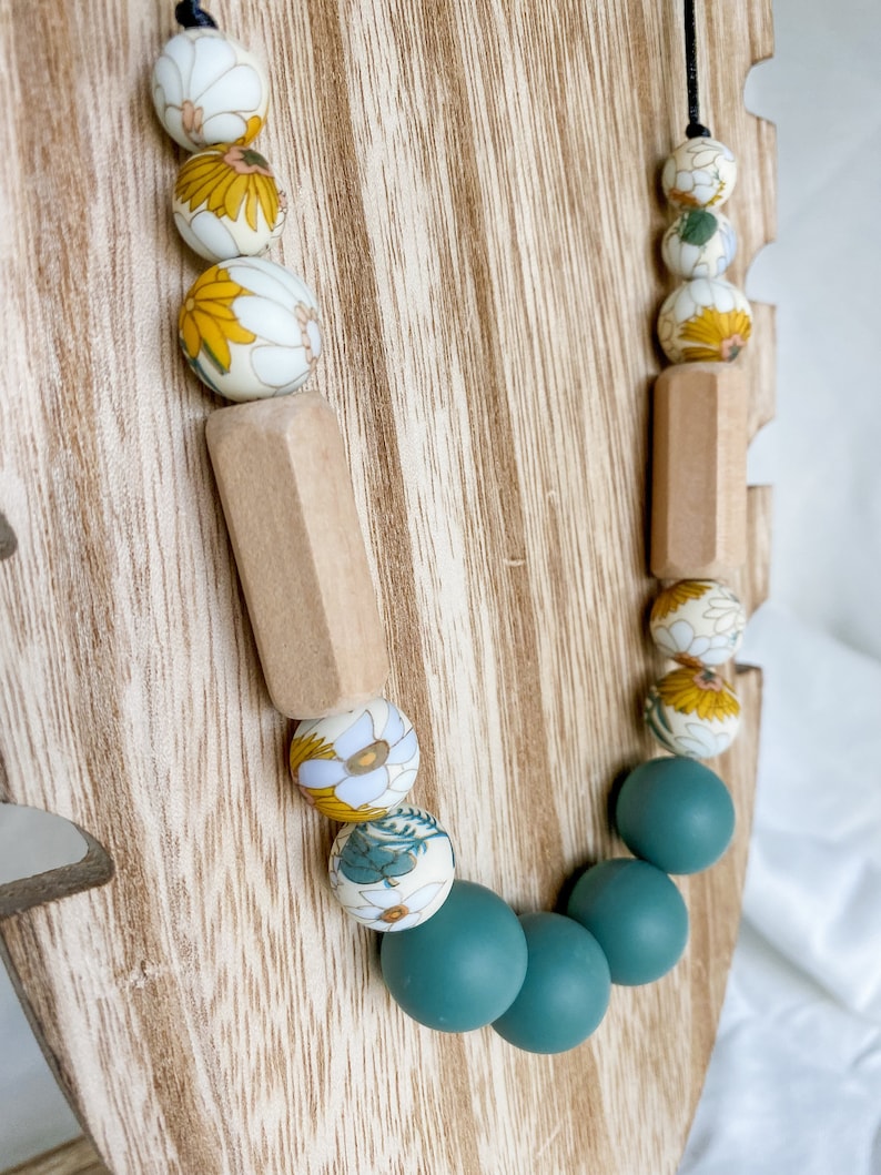 Retro Floral, Pine Green, & Wood Modern Mama Silicone Necklace ...