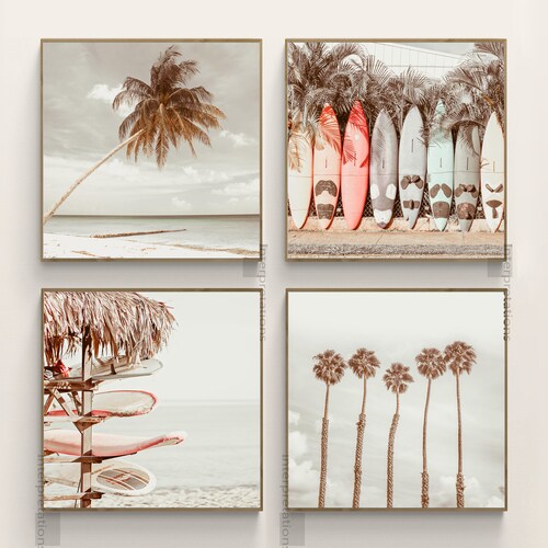 Beach Print Set of 4 Square Prints Boho Beach Wall Art Surf - Etsy
