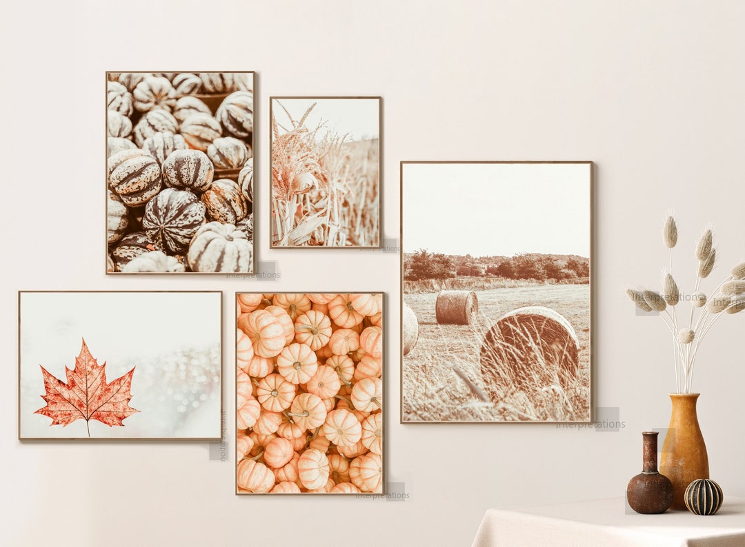 Fall Print Set of 5, Autumn Nature Printable Art, Pumpkins, Hay, Orange ...
