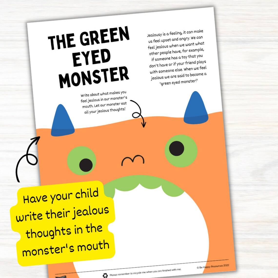Green Eyed Monster Jealousy Activity for Kids | Exploring Jealousy ...