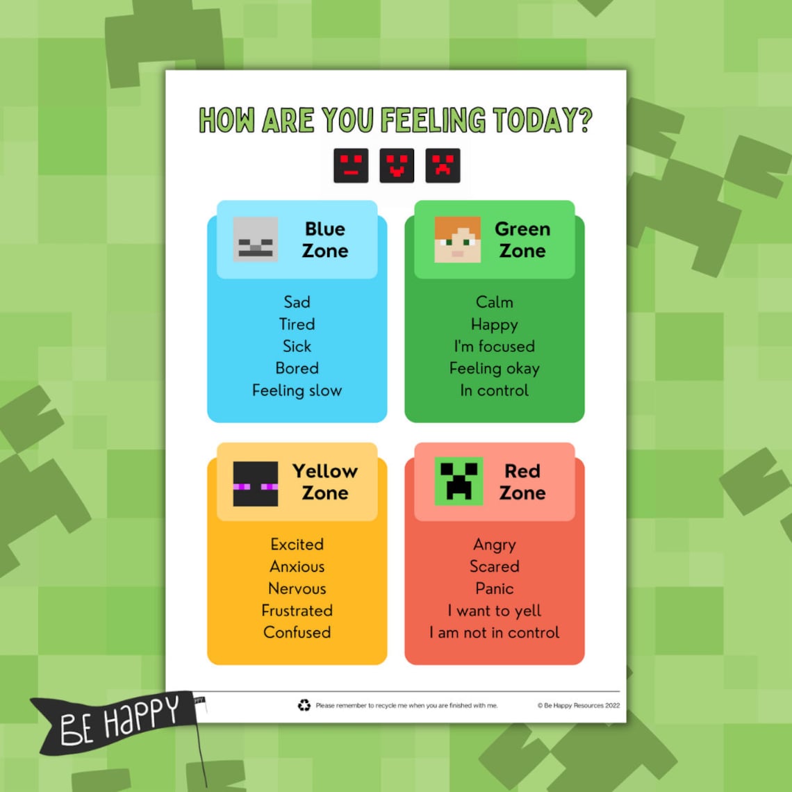 Minecraft Emotion Regulation Pack | Minecraft Themed Calming Activity ...