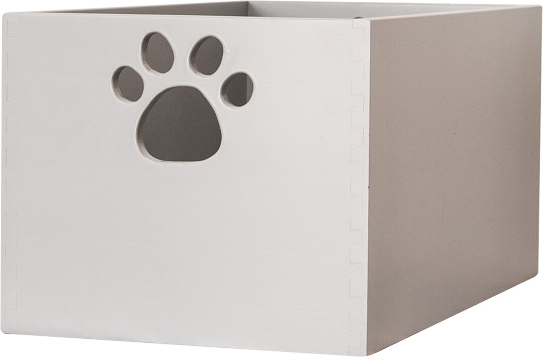 Large Gray Wooden Pet Toy Box | Paw Print Grey Design, Handmade Storage ...