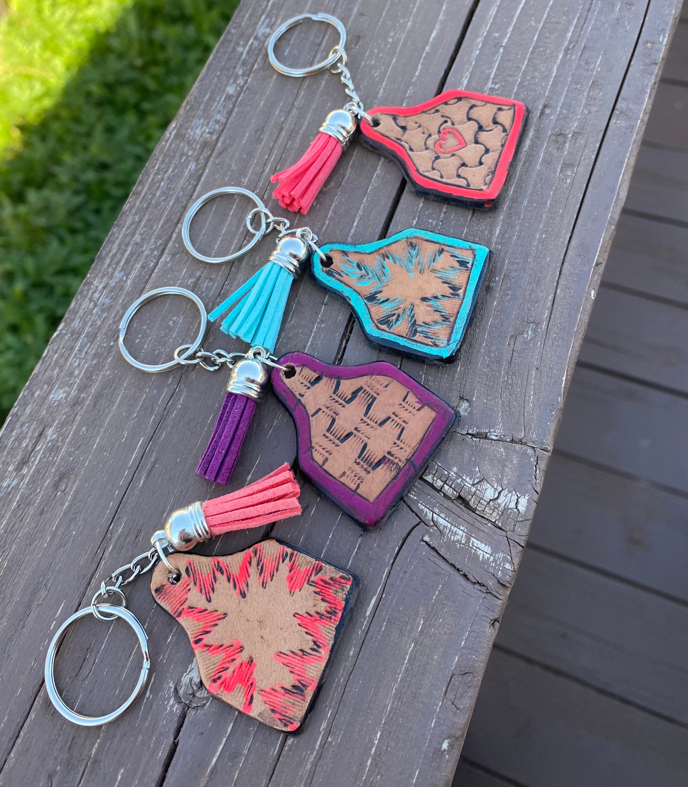 Cow Ear Tag Fringe Tooled Leather Keychains - Etsy