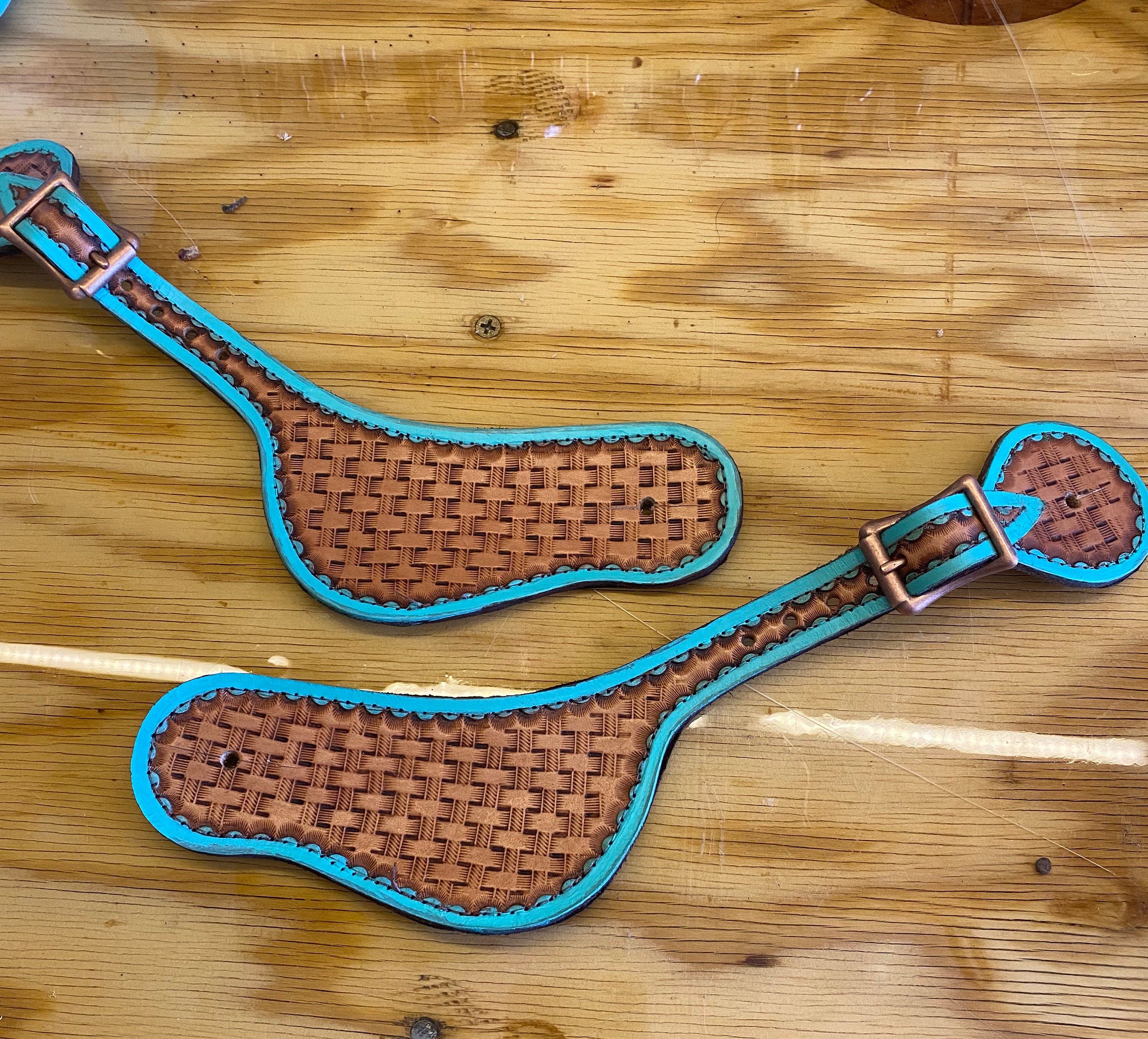 Teal Basketweave Tooled Leather Spur Straps - Etsy