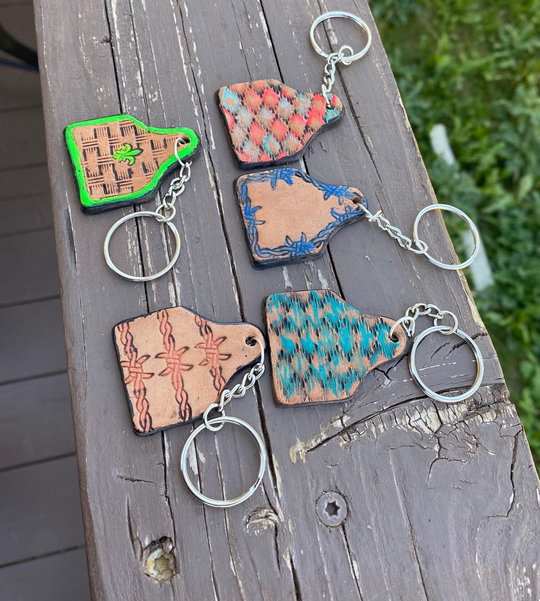 Cow Ear Tag Tooled Leather Keychains - Etsy