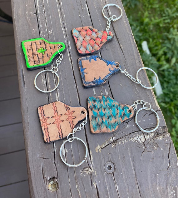 Cow Ear Tag Tooled Leather Keychains - Etsy