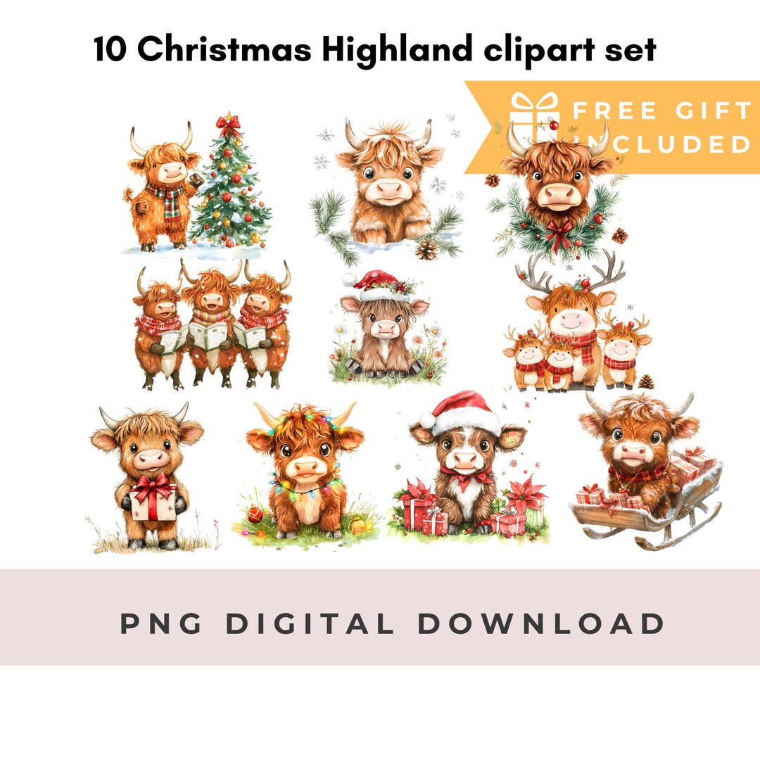Christmas Highland Cow Clipart Set, Cute Highland Cattle Pngs, Holiday ...