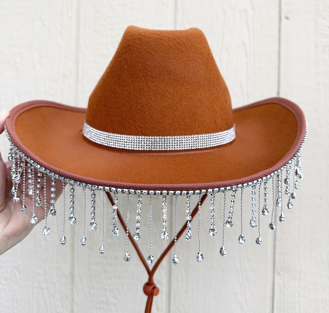 Brown Diamond Cowboy Hat With Double Rhinestone Band,bachelorette Bride ...