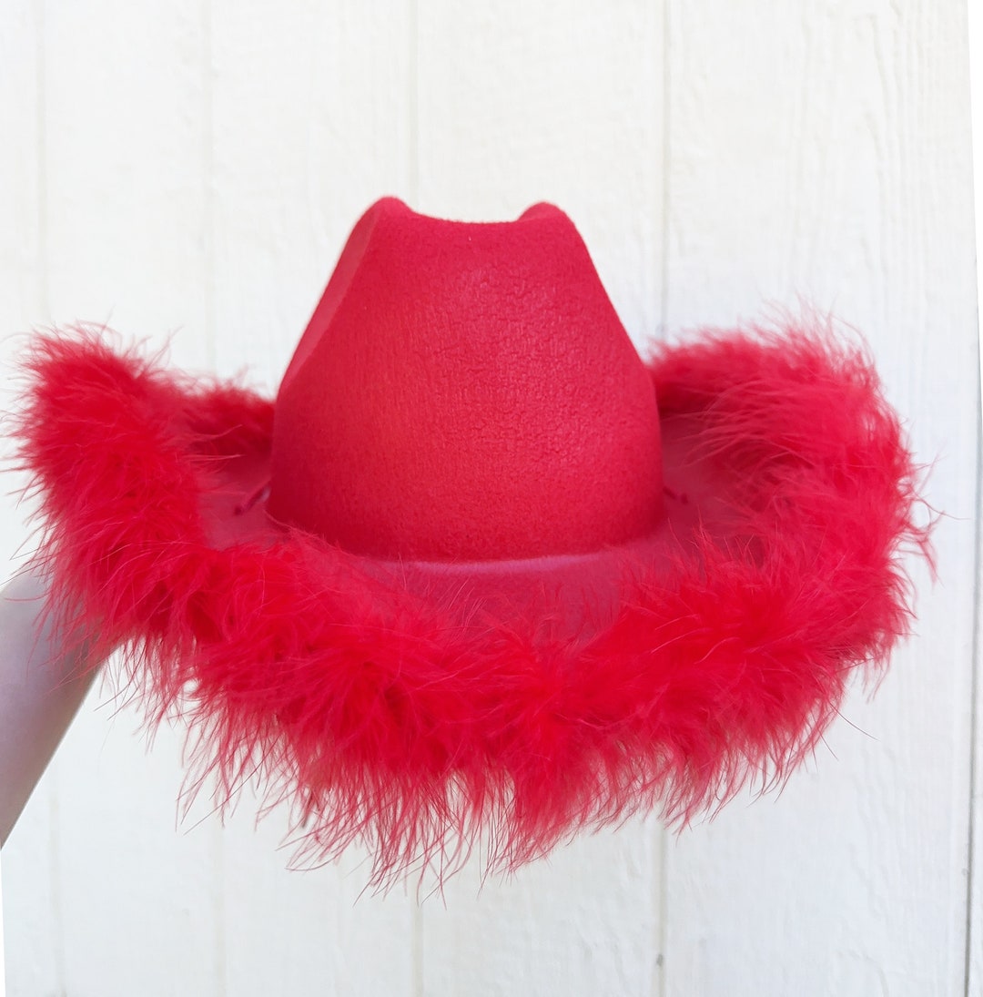 Red Cowboy Hat With Feather Boa, Western Hat, Bachelorette, Felt Hat ...