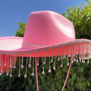 Pink Cowboy Hat With Rhinestone Fringe and Rhinestone Hat Band, Bridal ...