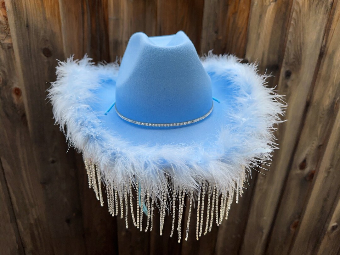 Blue Rhinestone Fringe Cowboy Hat, Feather Boa Cowgirl Hat - Etsy