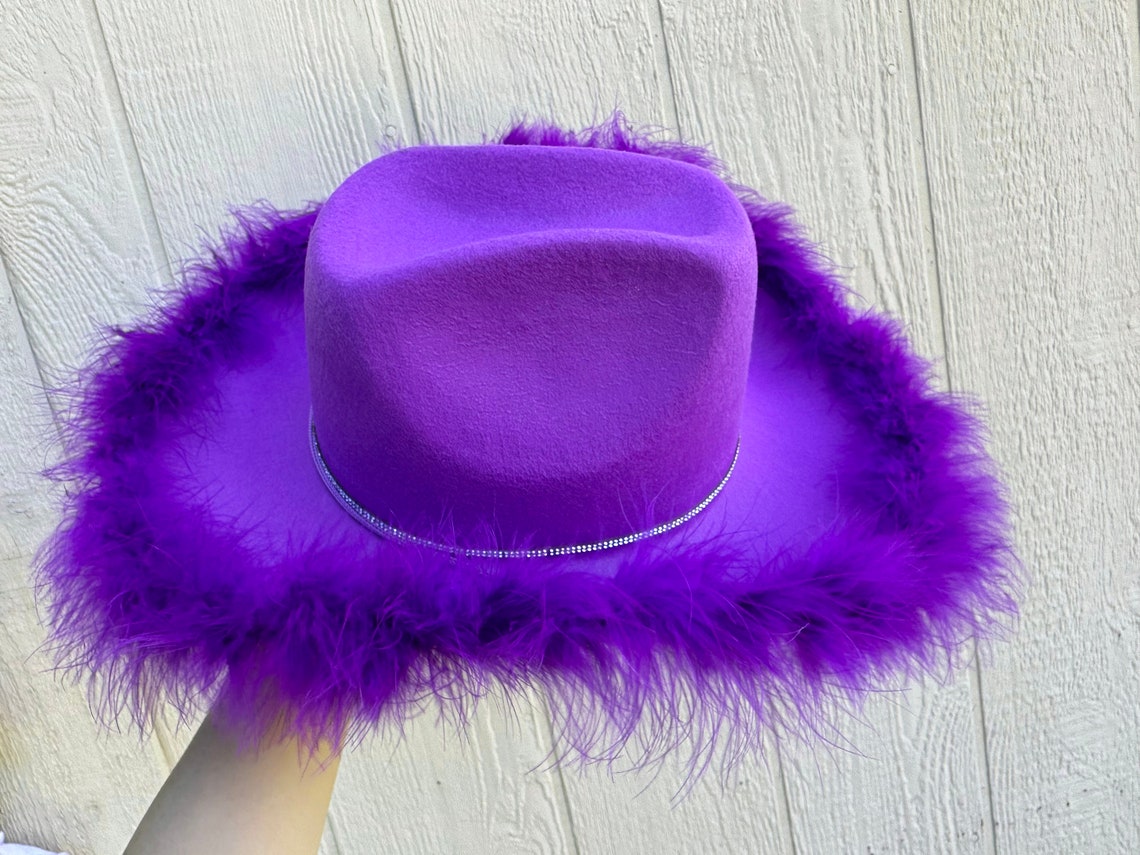 Purple Cowboy Hat With Feather Boa & Rhinestone Hat Band, Purple ...