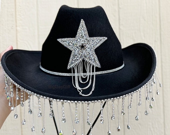 Super Star Cowboy Hat With Rhinestone Fringe,black Cowboy Hat, Wedding ...