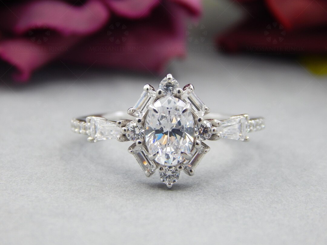 Oval Cut Engagement Ring, Sunburst Oval Cut Ring, Halo Oval Moissanite ...
