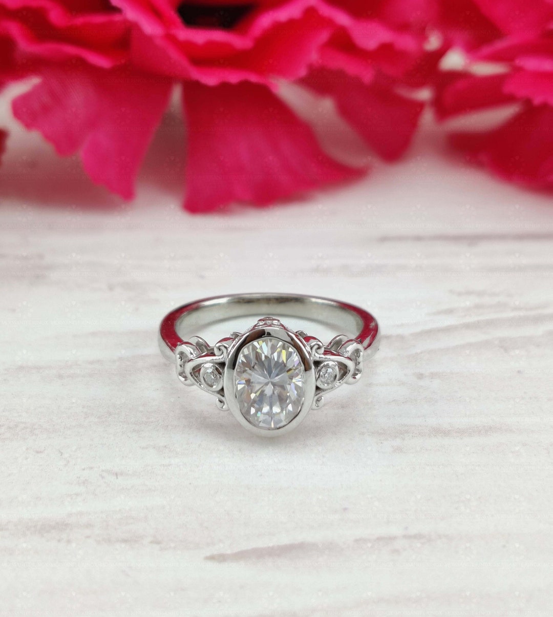 Art Deco Bezel Set Oval Cut Brilliant Moissanite Engagement Ring in ...