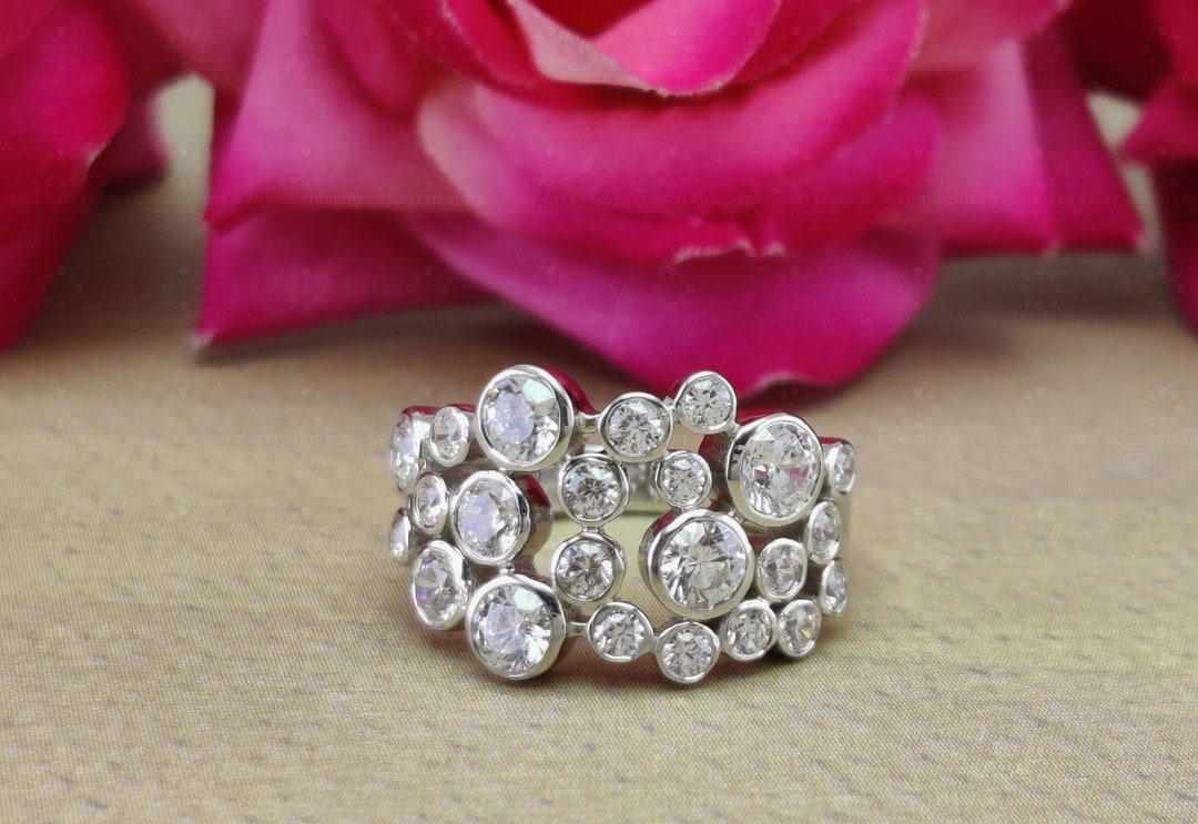 Round Moissanite Scatter Ring, Round Bezel Set Cluster Ring, Multi ...