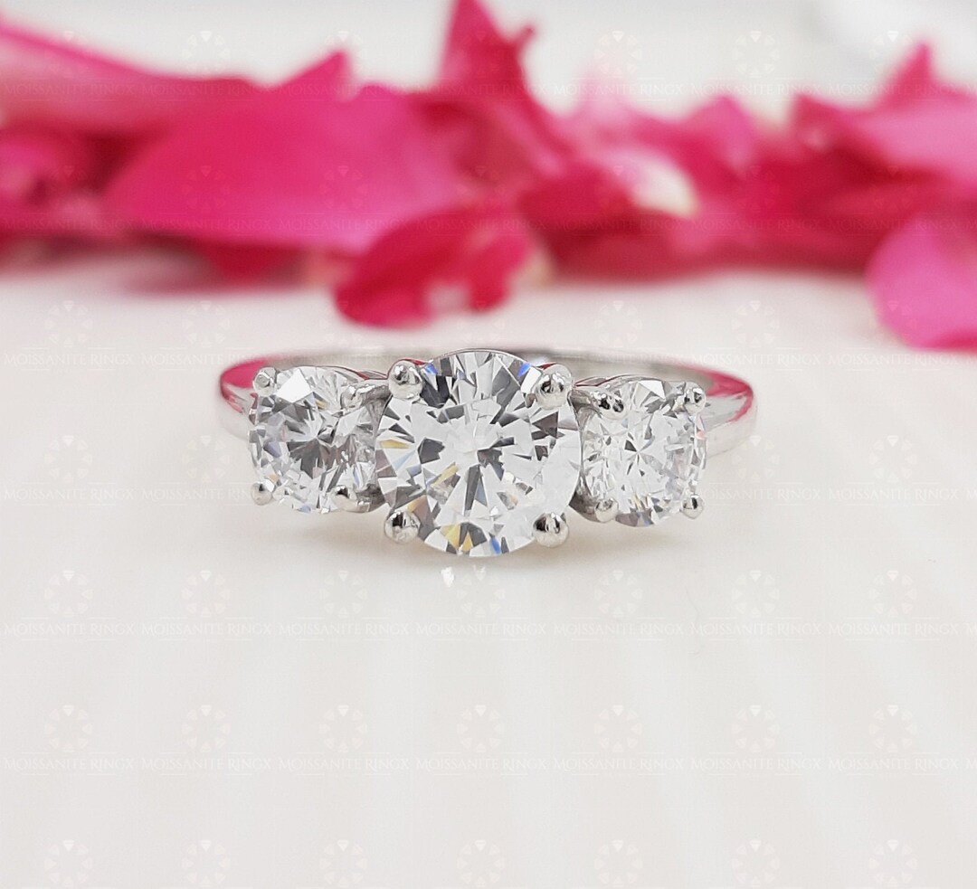 Three Stone Ring, Round Moissanite Engagement Ring, 3 Stone Round Cut ...