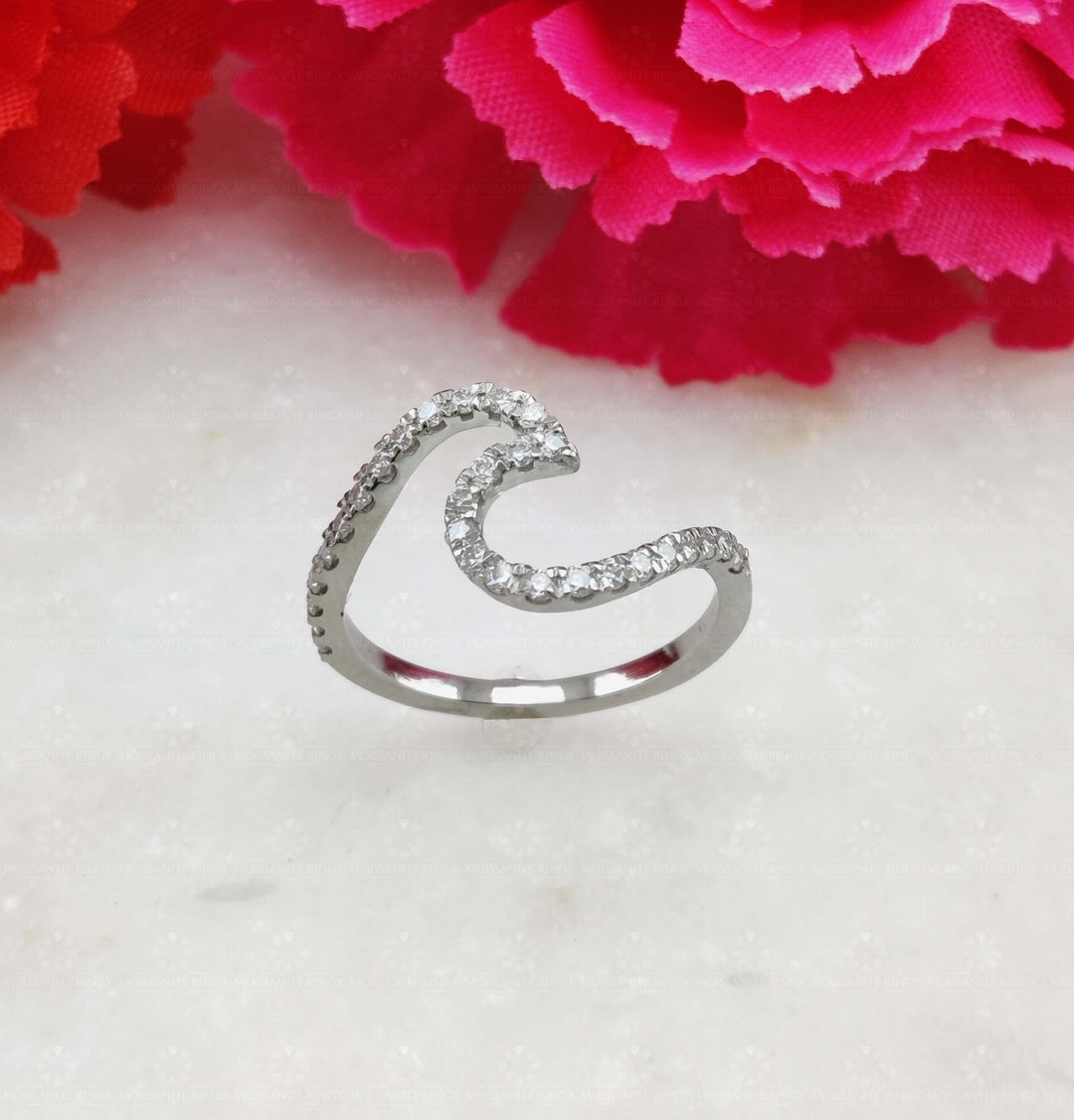 Round Diamond Wave Ring, 14k Solid Gold Ocean Wave Ring, Gold Wave Ring, Tidal Wave Ring ...