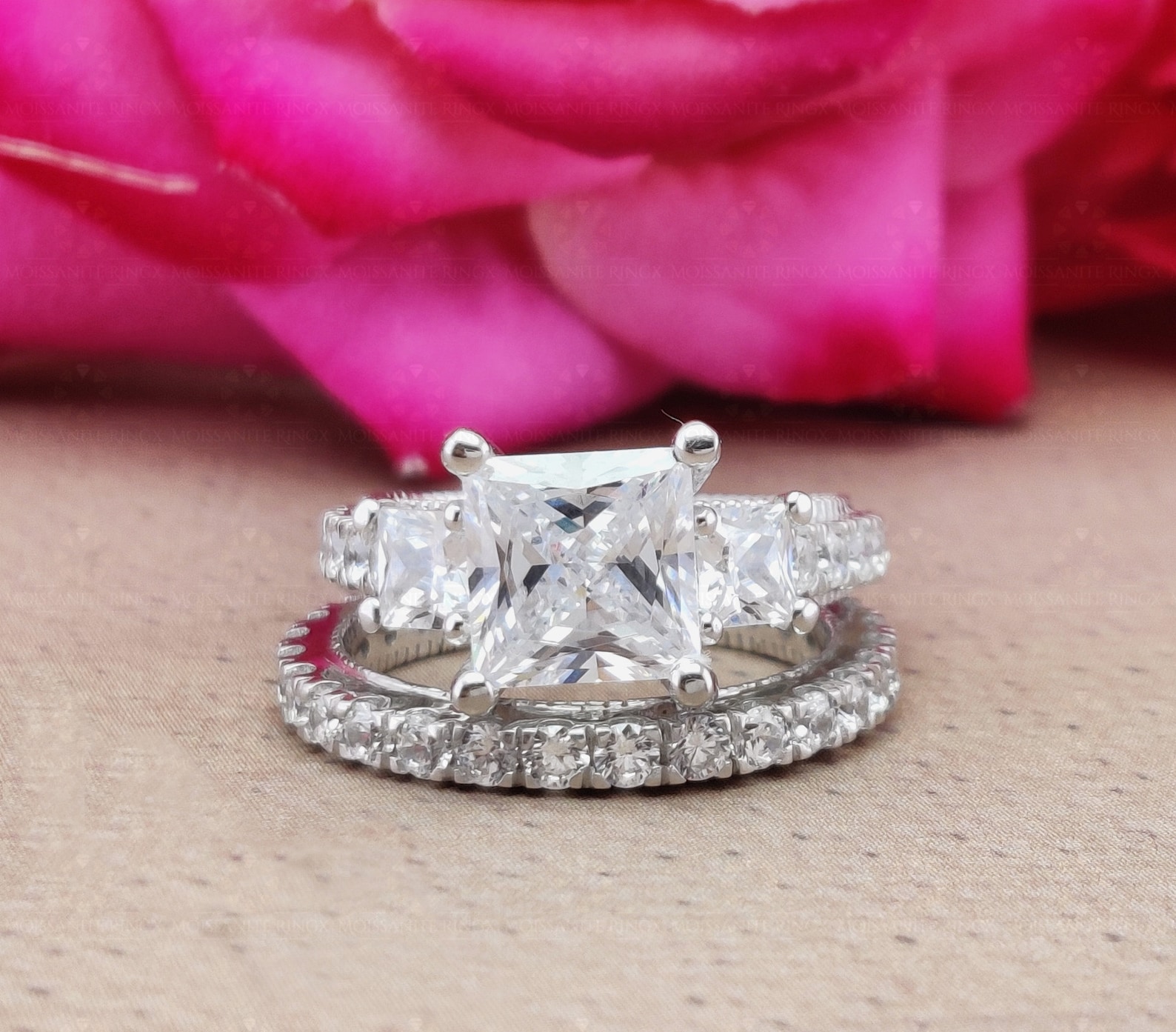 Princess Cut Moissanite Wedding Ring Set, Sterling Silver Bridal Band ...