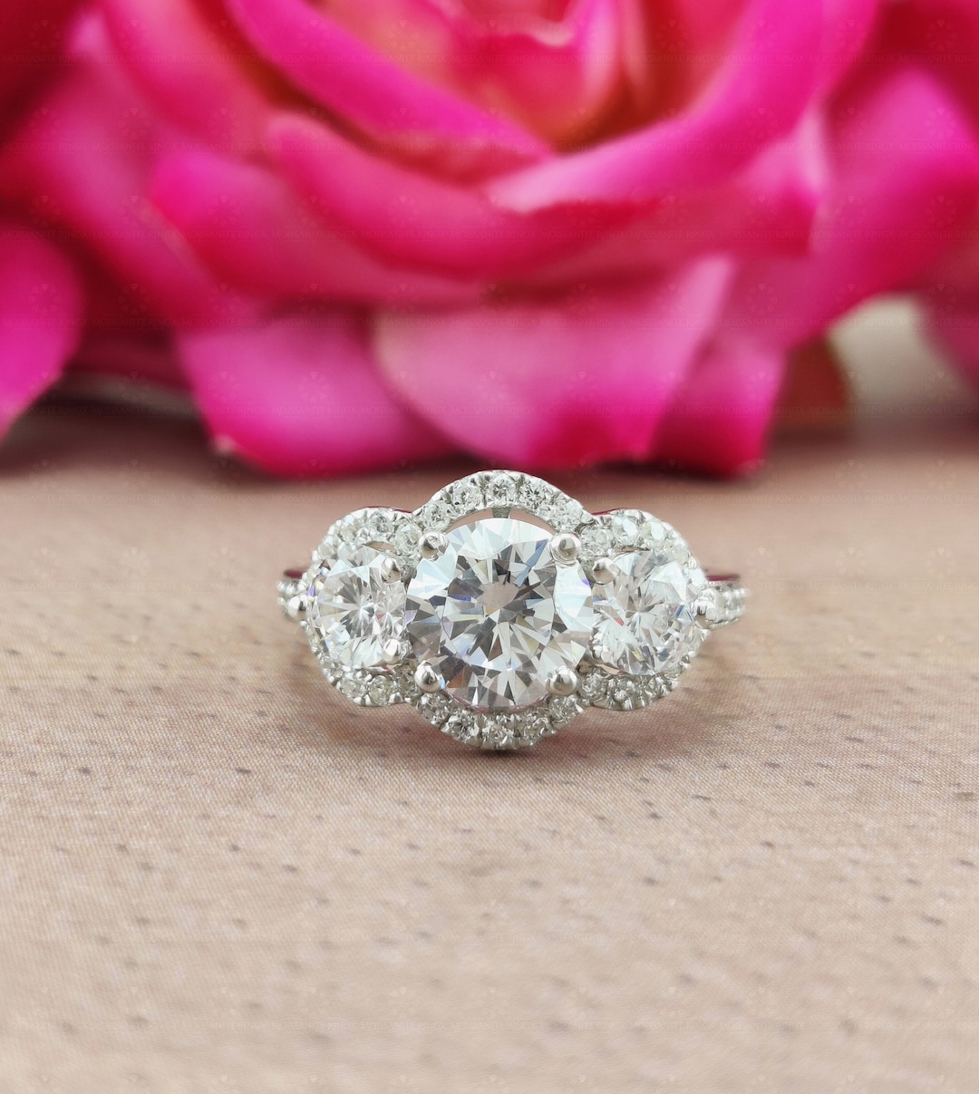 Three Stone Halo Moissanite Engagement Ring, Art Deco Sterling Silver ...