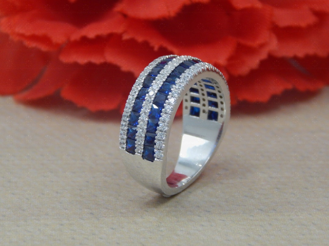 Five Row Blue Sapphire Wedding Band, Half Eternity Channel Set Band ...