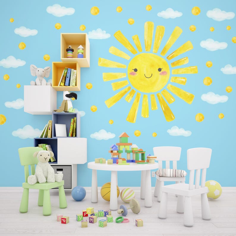 Watercolor Sun & Clouds Wall Decal: Weather Theme Vinyl Sticker - Etsy