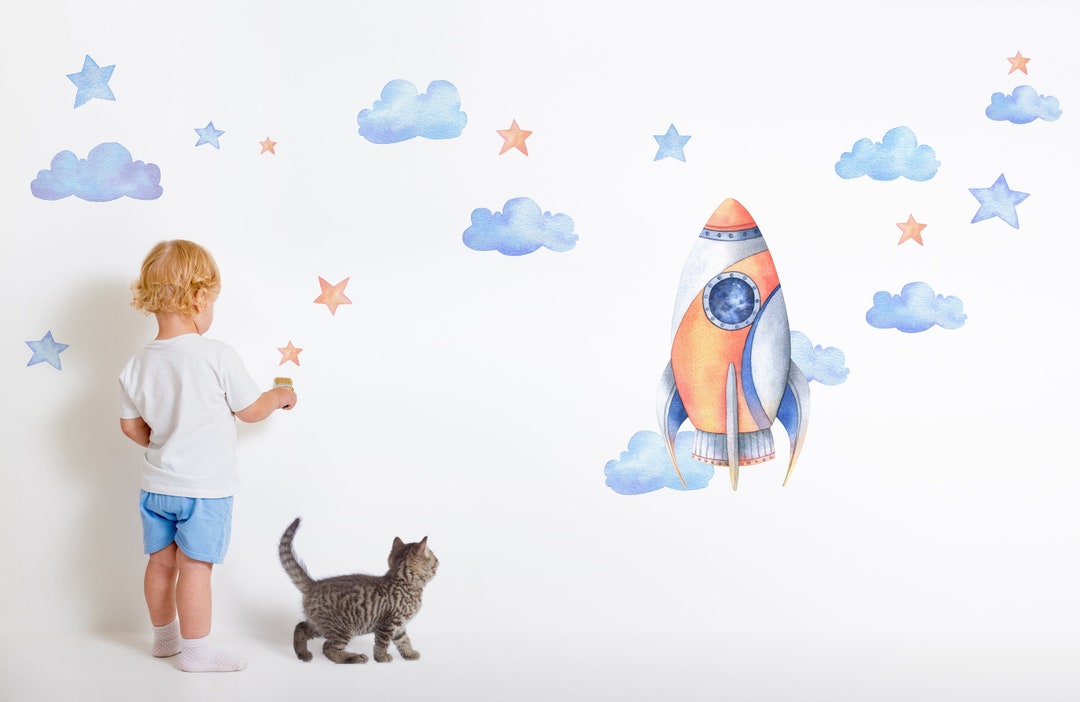 Watercolor Rocket -ship Wall Decal Removable Space - Themed Sticker for ...