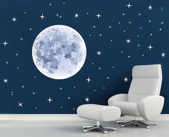 Moon & Stars Wall Decal Moon Space Wall Sticker Moon Stars - Etsy