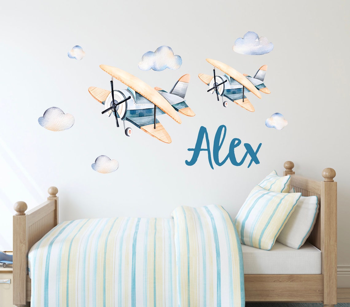 Personalized Plane Name Wall Decals for Kids Watercolor Airplanes With ...