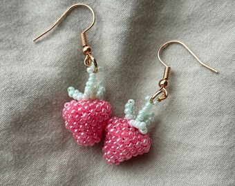 Embroidered Strawberry Earrings, Handmade Beaded Fruit Earrings. - Etsy
