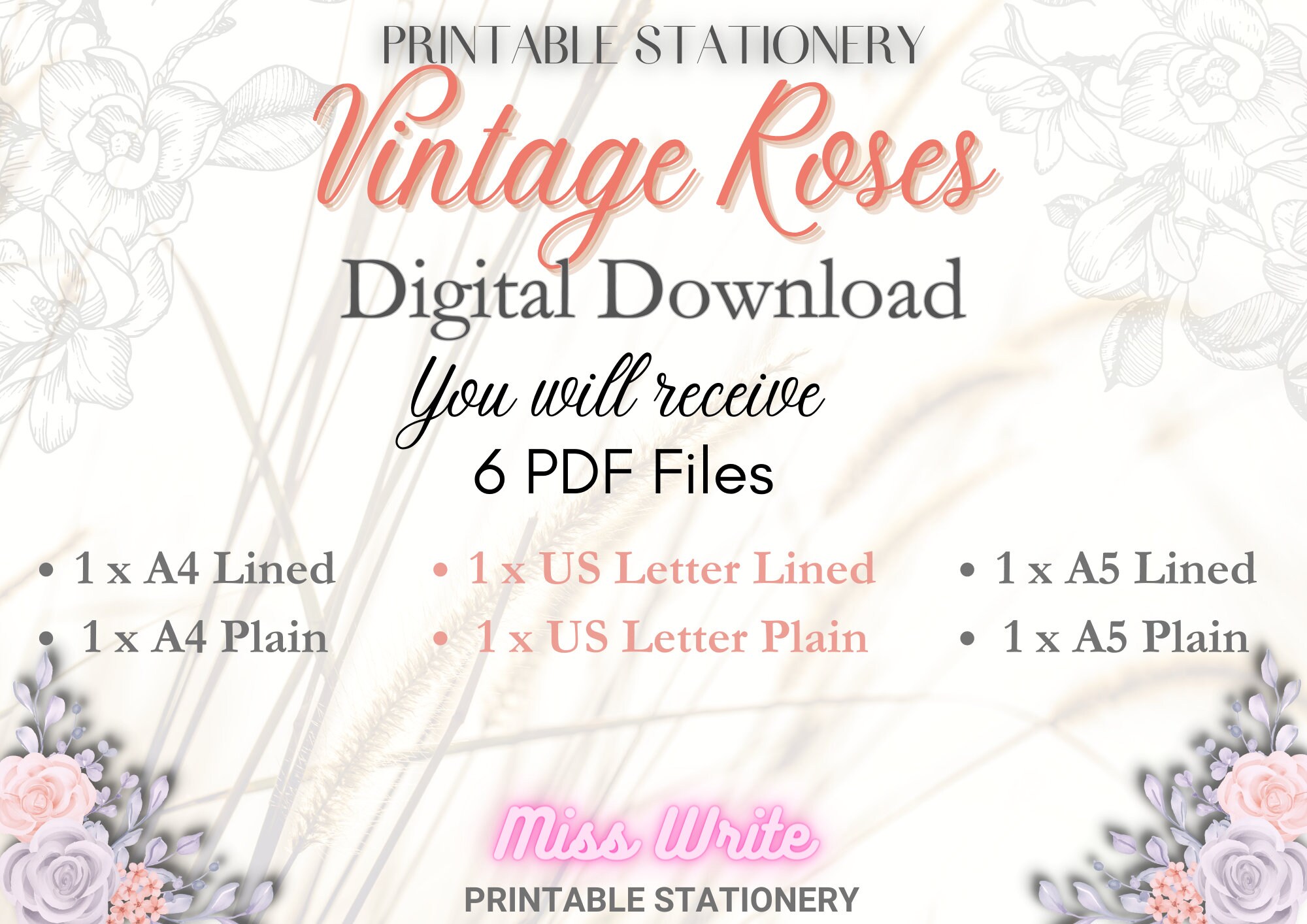 Vintage Roses PRINTABLE Notepaper, Floral Writing Paper, Unlined Paper ...