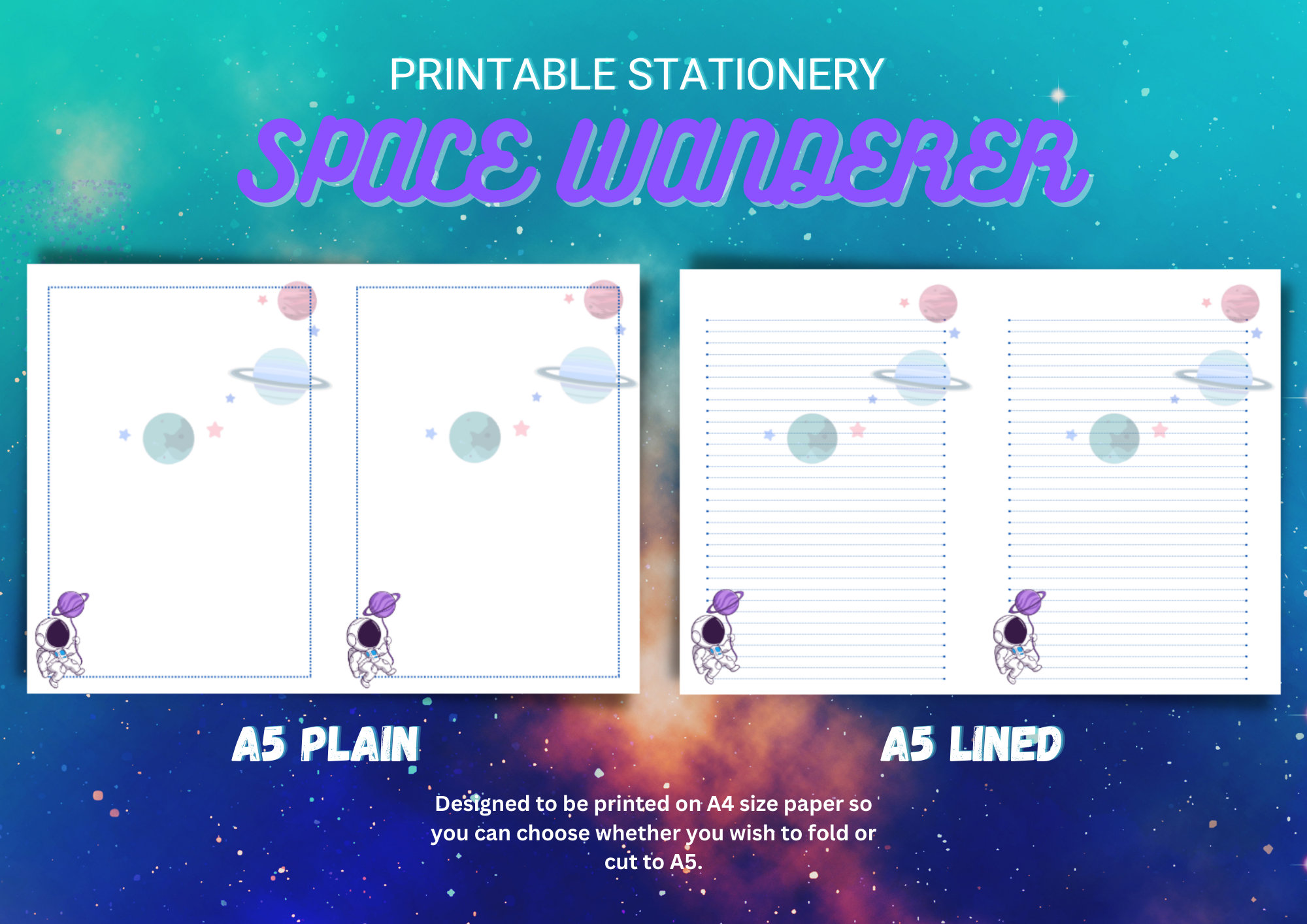 Space Design A4, A5, US Letter Lined and Plain Printable Notepaper ...