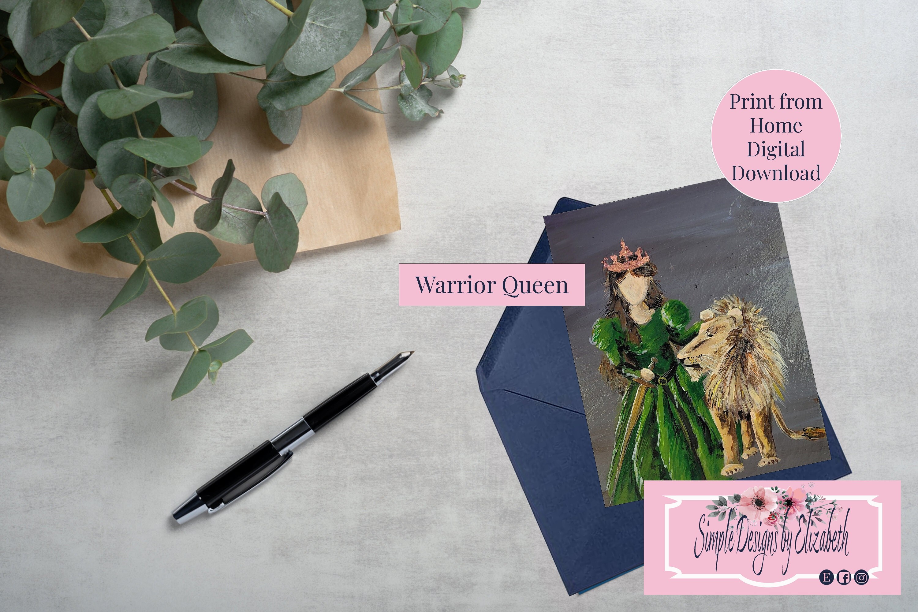 Warrior Queen With Her Loyal Lion Digital Greeting Card Print From Home ...
