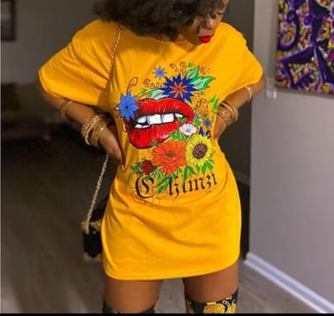 Rave Oversize Lip Design Yellow Orange Festival Party T-shirt Bright ...