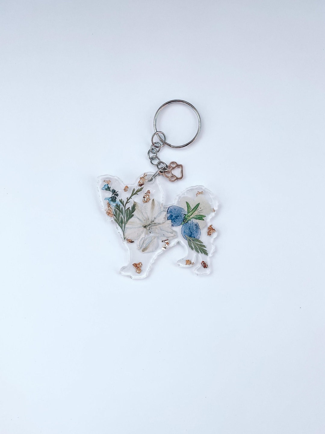 Papillon Dog Keychain: Handmade Resin With Dried Flowers - Etsy