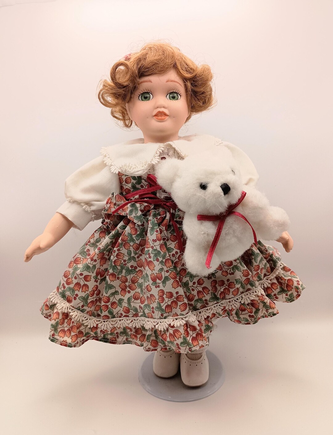 Vintage Anco Porcelain Doll With Teddy Bear, Collectible 12" Doll, Hand ...