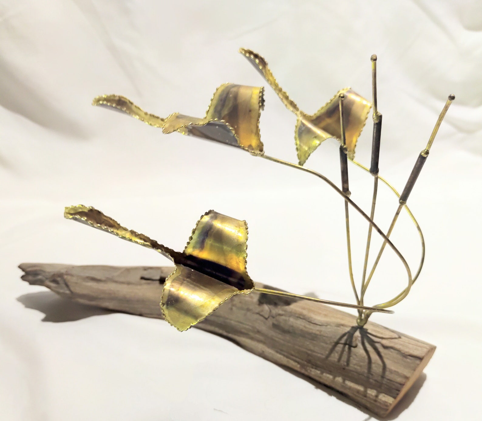 Vintage Brutalist Torch Cut Brass on Driftwood Sculpture Geese and ...