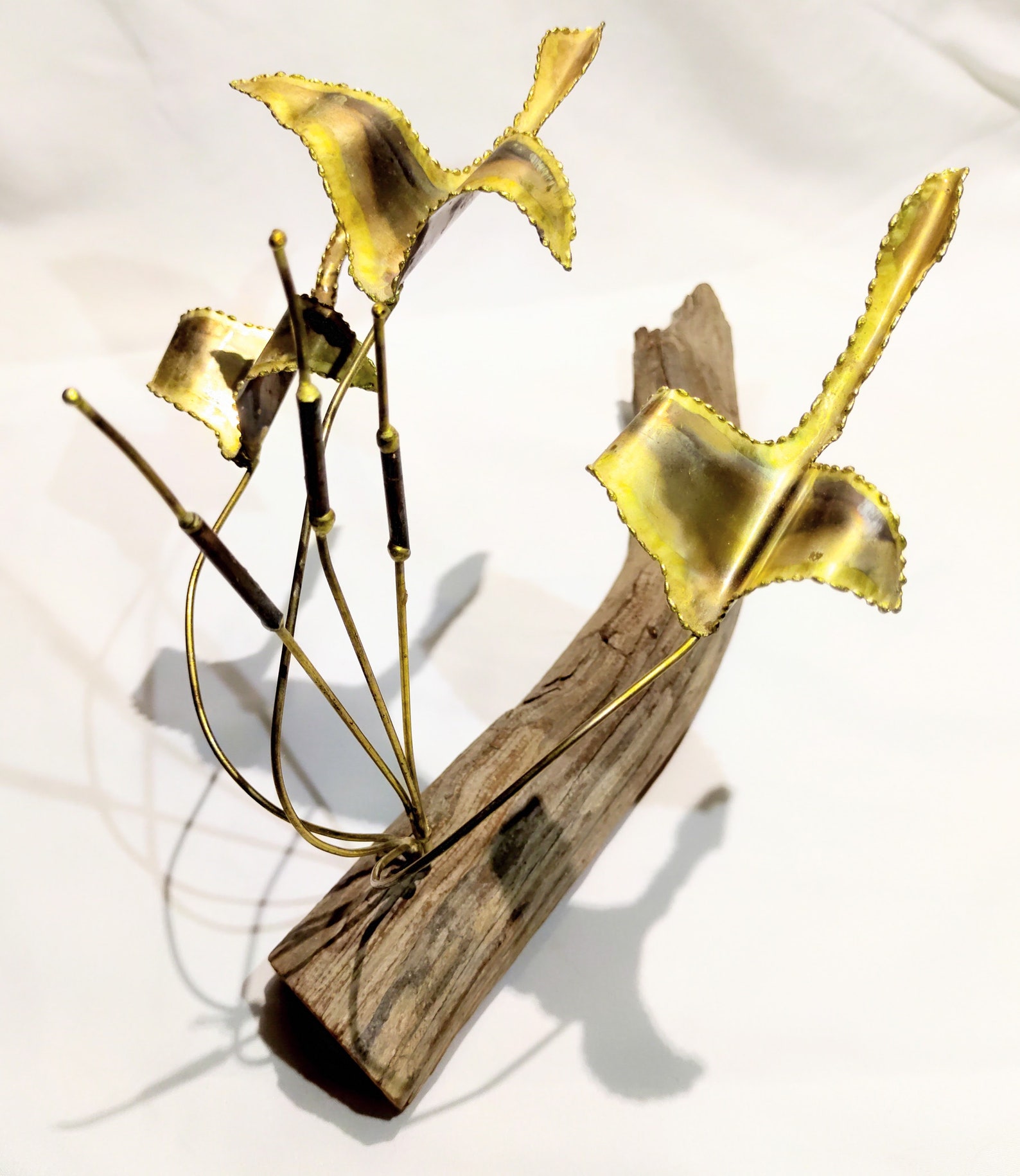 Vintage Brutalist Torch Cut Brass on Driftwood Sculpture Geese and ...