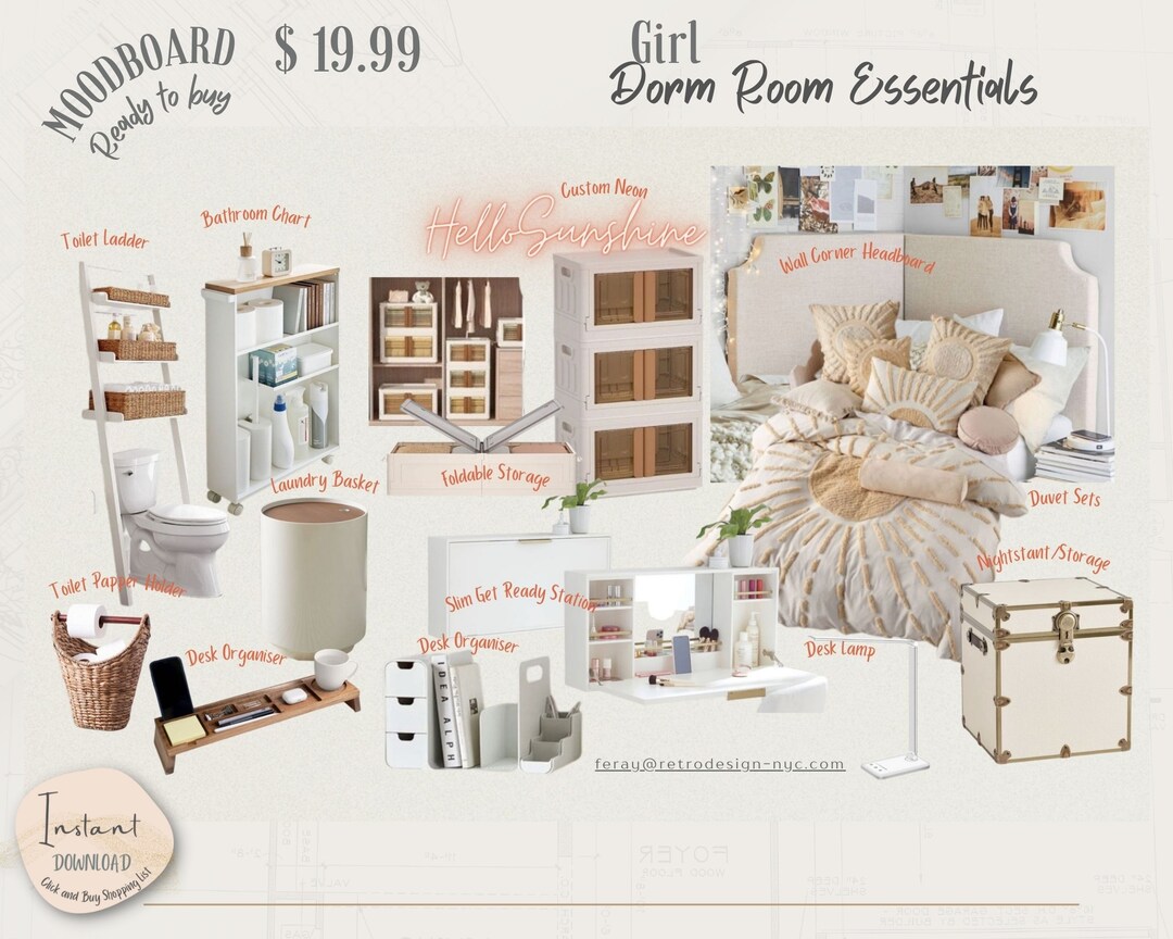 Dorm Room Essentials Mood Board: Click-to-buy Shopping List (digital ...