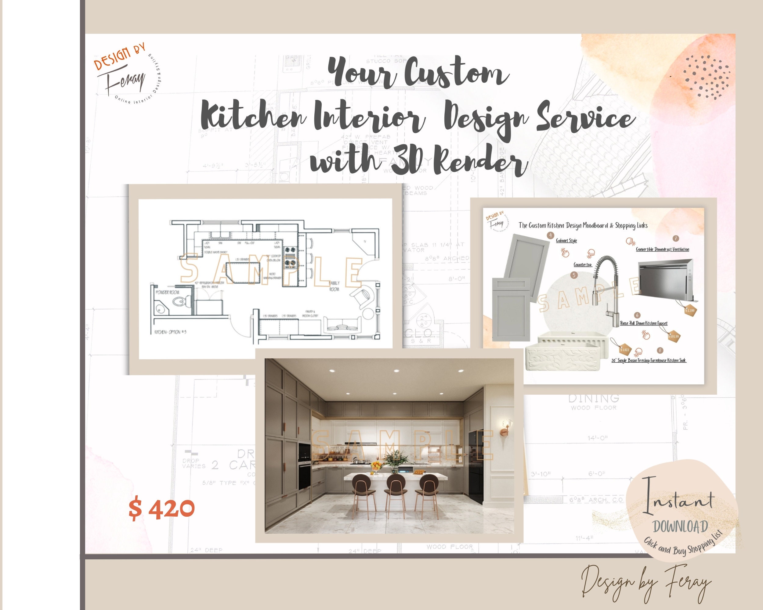 Custom Kitchen Design, Combo With Cabinet Layout Floor Plan and 3D ...