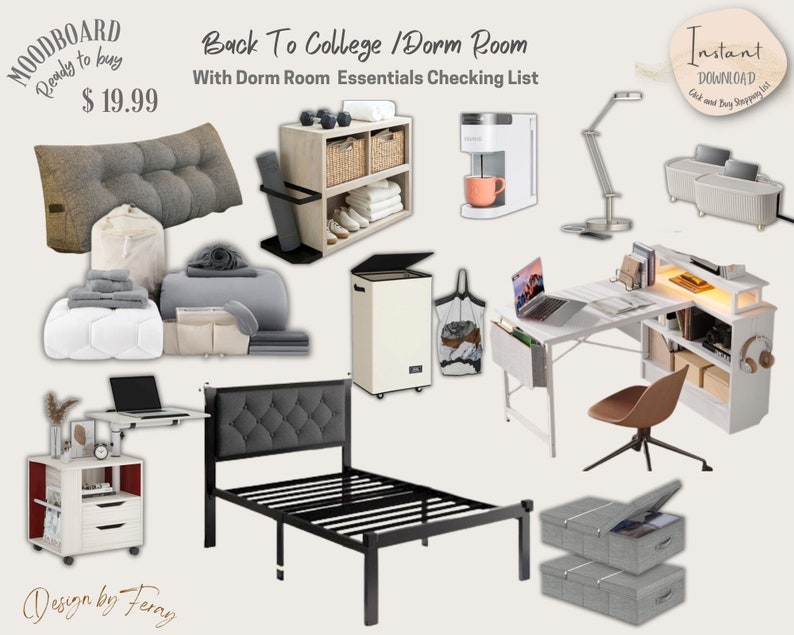 Dorm Room Essentials Mood Board: College Dorm Life Checklist (digital ...