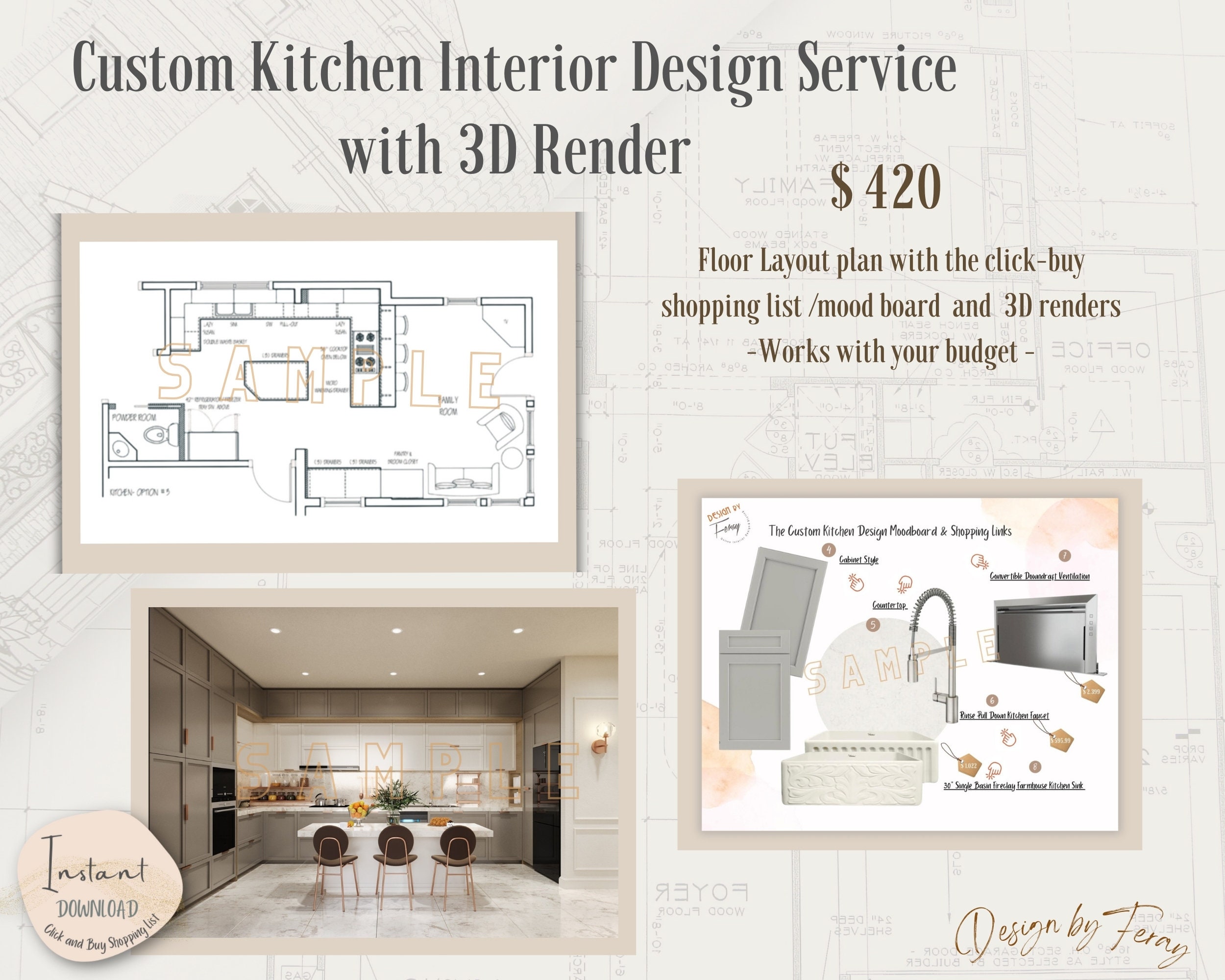 Custom Kitchen Design, Combo With Cabinet Layout Floor Plan and 3D ...