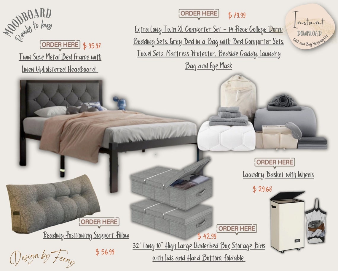 Dorm Room Essentials Mood Board: College Dorm Life Checklist (digital ...