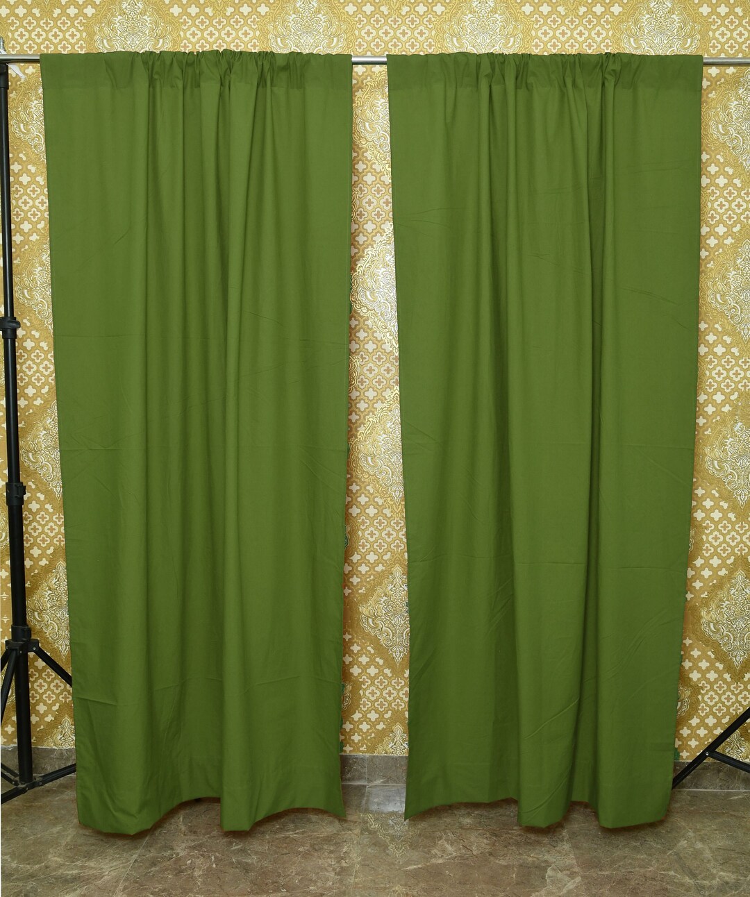 Moss Green Washed Cotton Long Curtain 2 Panels Solid Color and Modern ...