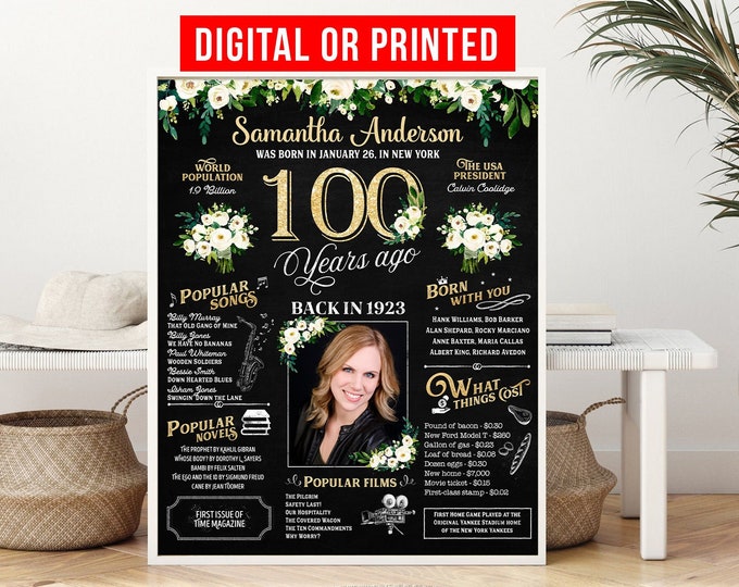 100th Birthday Poster. 100th Floral Birthday Chalkboard. Back in 1925 ...